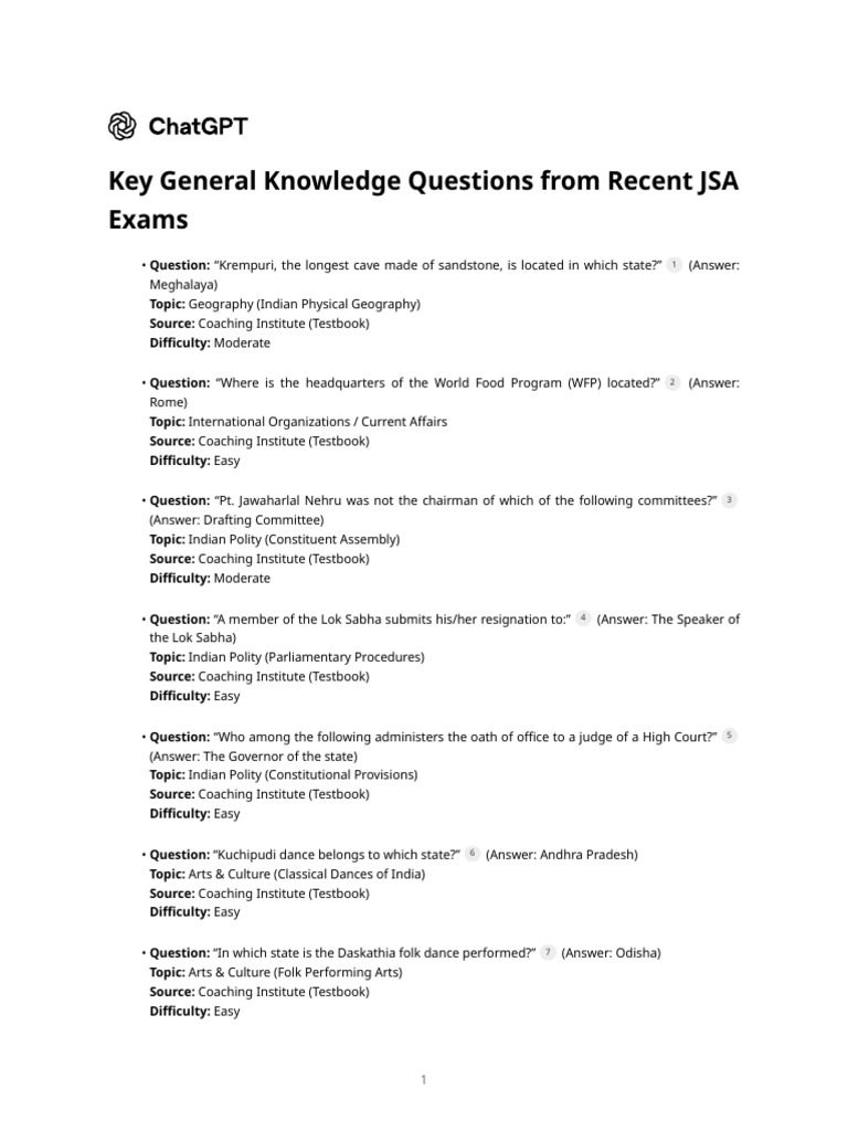 Key General Knowledge Questions From Recent JSA Exams | PDF ...