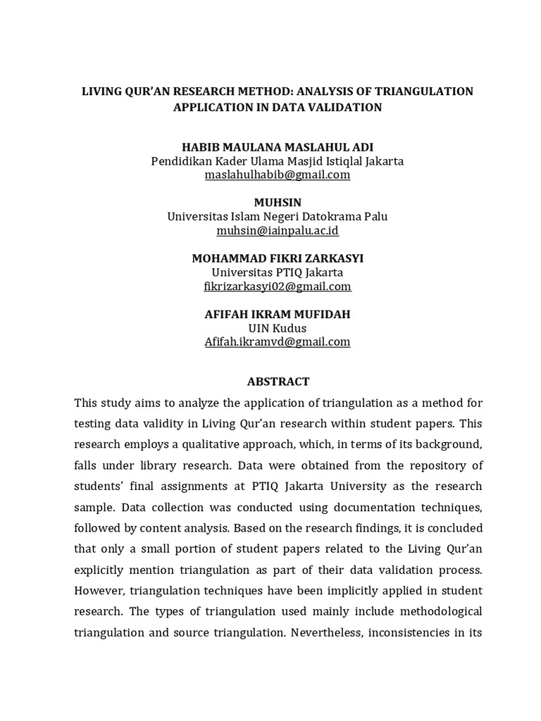 Living Qur'an Research Method: Analysis of Triangulation Application in Data Validation | PDF ...