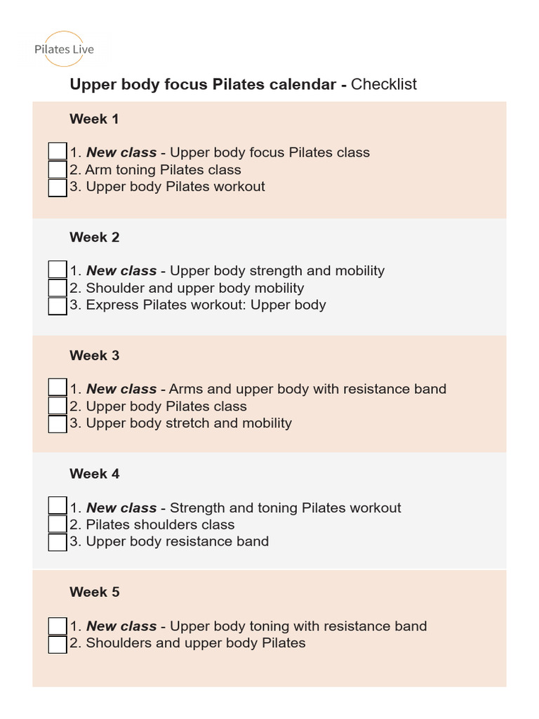 Upper Body Focus Calendar Checklist | PDF