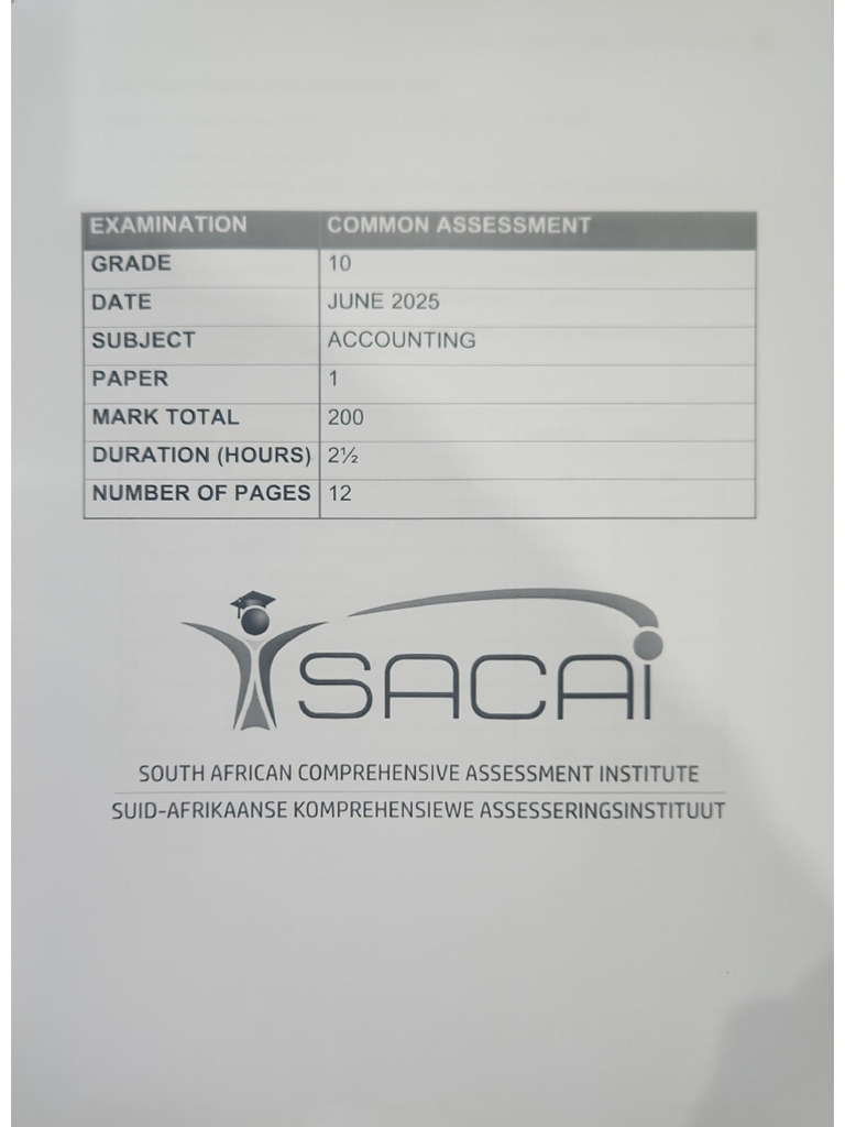 SACAI Grade 10 Accounting June 2025 | PDF