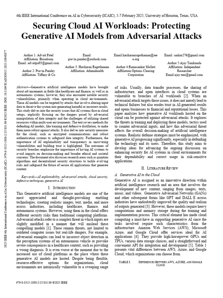 Securing Cloud AI Workloads Protecting Generative AI Models From Adversarial Attacks | PDF ...