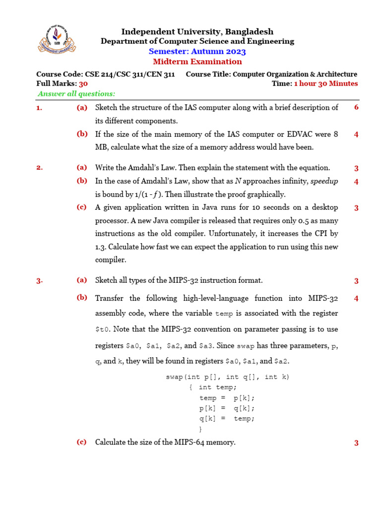 Midterm Exam CSE 214 Computer Organization and Architecture Autumn 2023 | PDF | Pointer ...