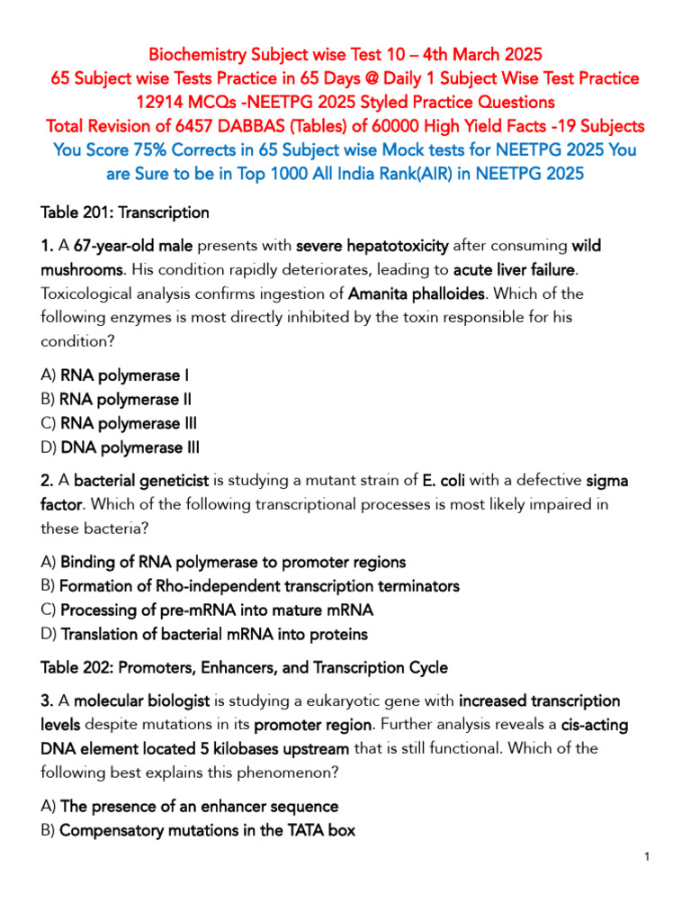 Biochemistry Subject Test 10 Question Paper | PDF | Translation ...