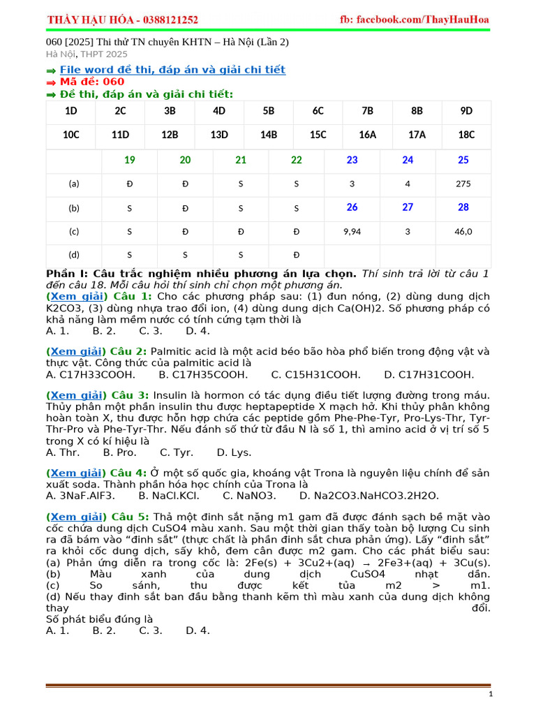 060 (2025) Thi Thử TN Chuyên KHTN - Hà Nội (Lần 2) - Giải | PDF