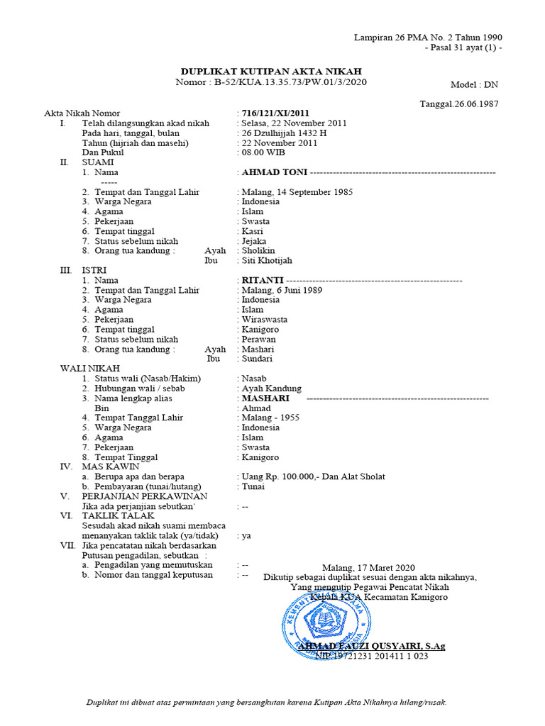 Duplikat Kutipan Akta Nikah Ahmad Toni | PDF
