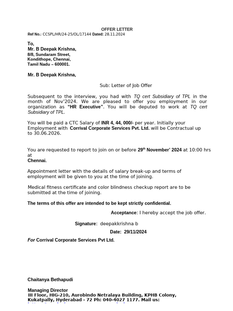 B Deepak Krishna - Offer Letter | PDF
