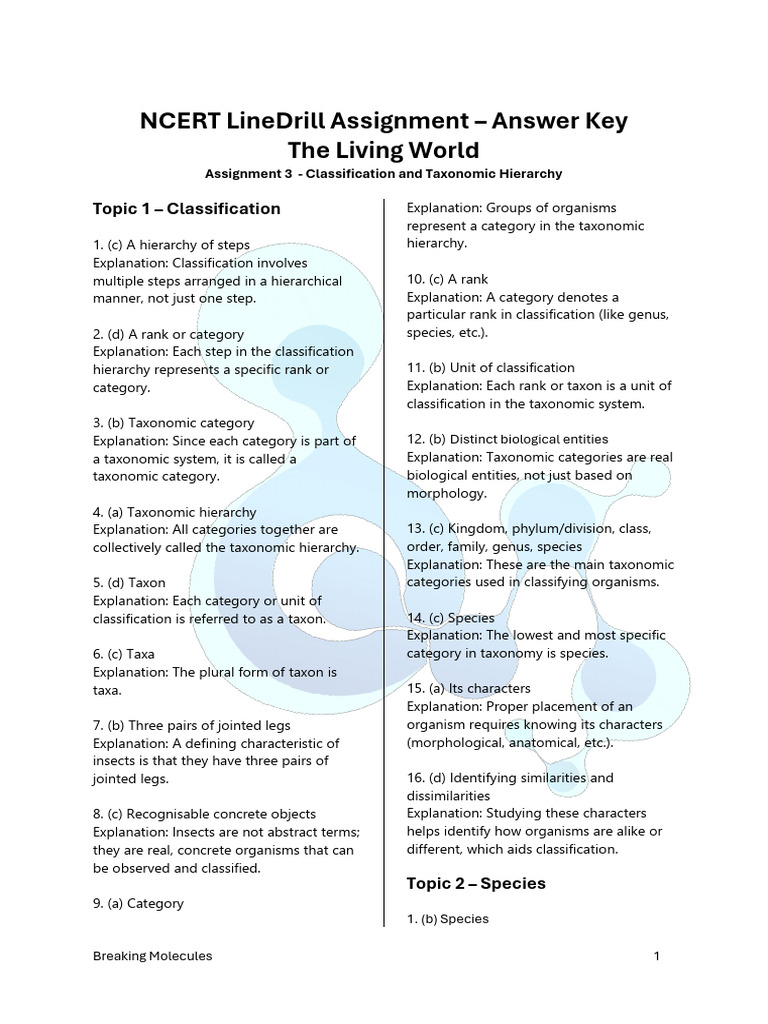 NCERT LineDrill 3 - The Living World (Ans Key) | PDF | Taxonomy (Biology) | Species