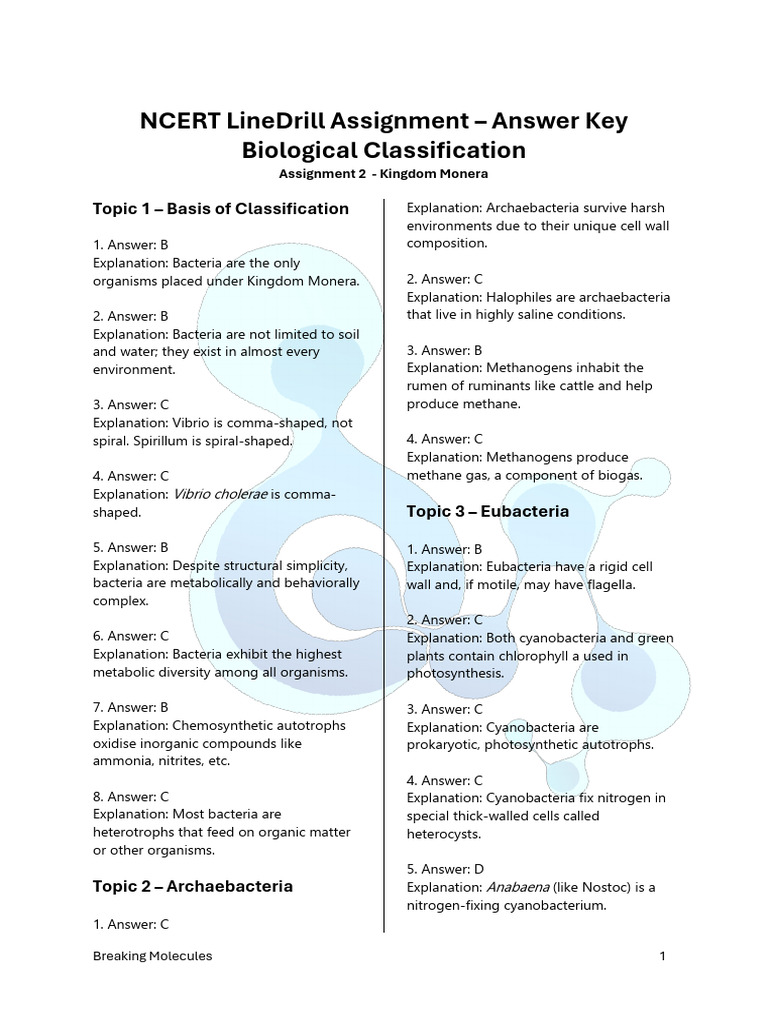 NCERT LineDrill 2 - Biological Classification (Ans Key) | PDF | Bacteria | Archaea