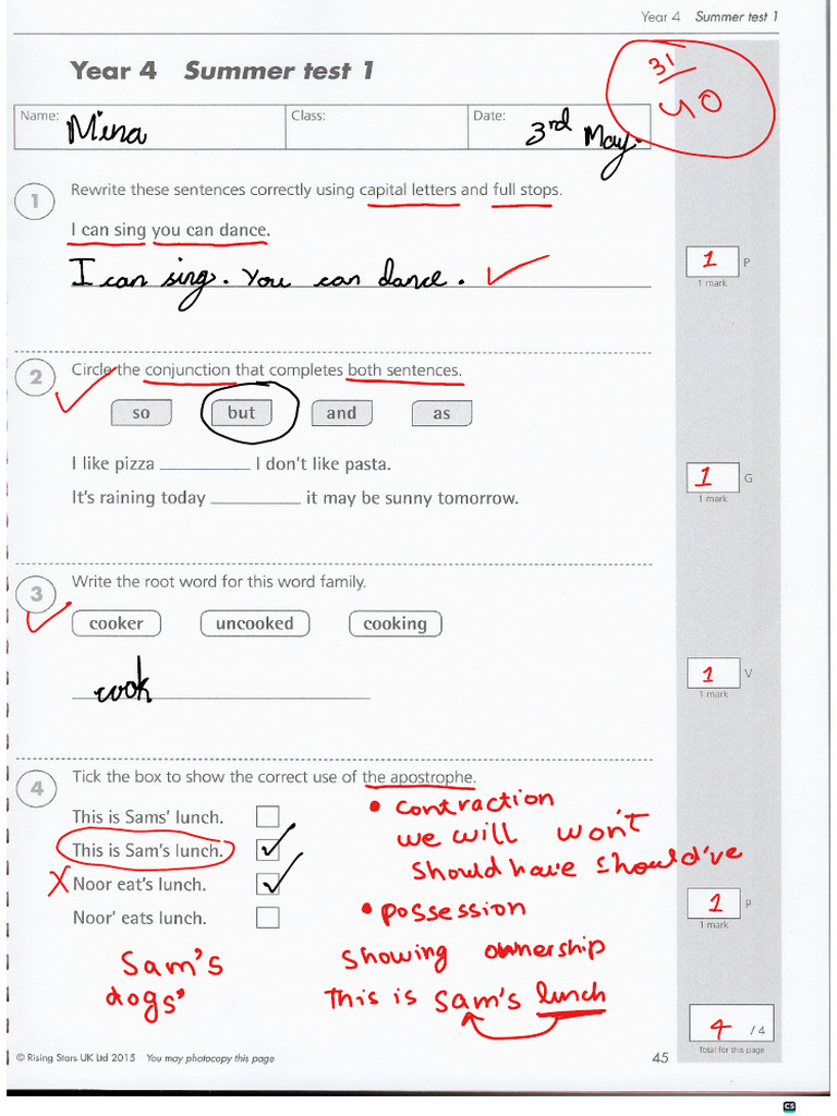Year 4 Grammar Punctuation and Spelling Quiz | PDF