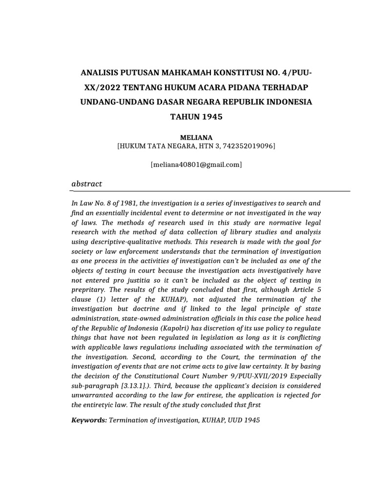 Analisis Putusan Mahkamah Konstitusi No. 4 Puu-Xx 2022 | PDF