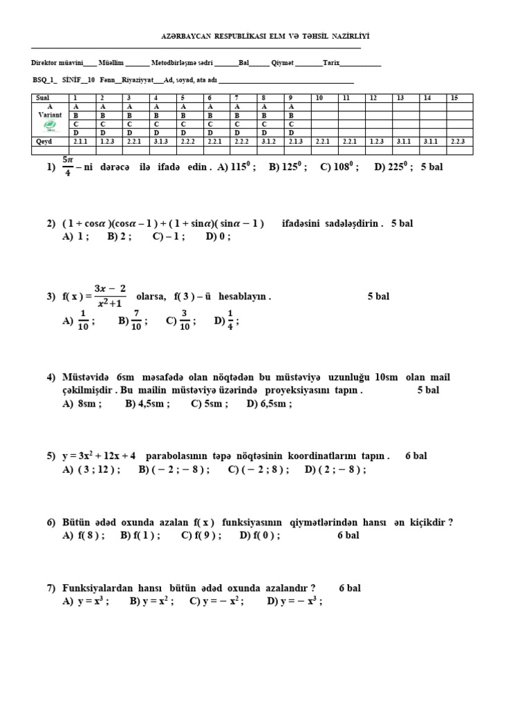 10 Sinif BSQ 1 S. Vüsalə | PDF