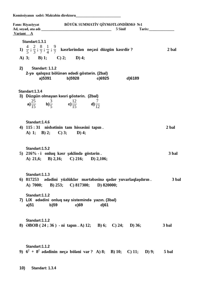 5 Sinif Bsq1 Sual 20 Z.gülmirə-1 | PDF