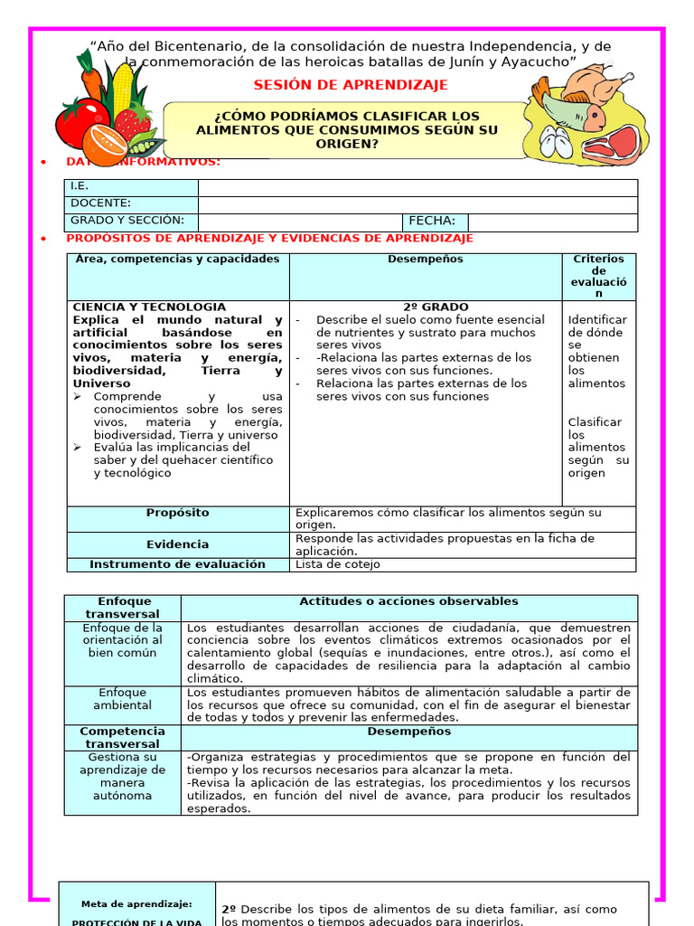2 U2 S4 Sesion D4 CT Clasificacion de Los Alimentos Segun Su Origen | PDF | Alimentos | Aprendizaje
