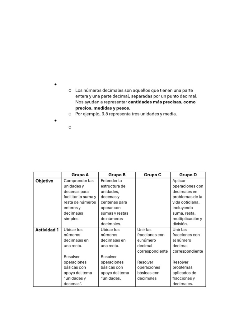 Plan de Clases 4 - Números Decimales | PDF | Decimal | Sustracción