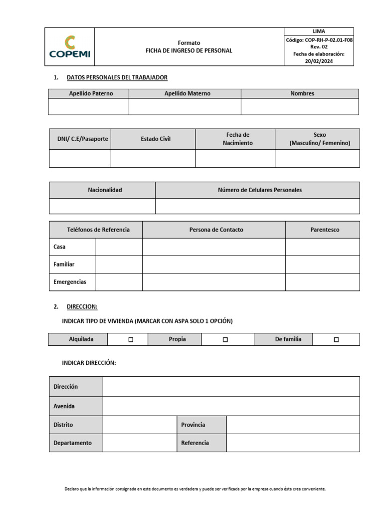 Ficha de Ingreso de Personal - Copemi | PDF | Bancos | Pensión