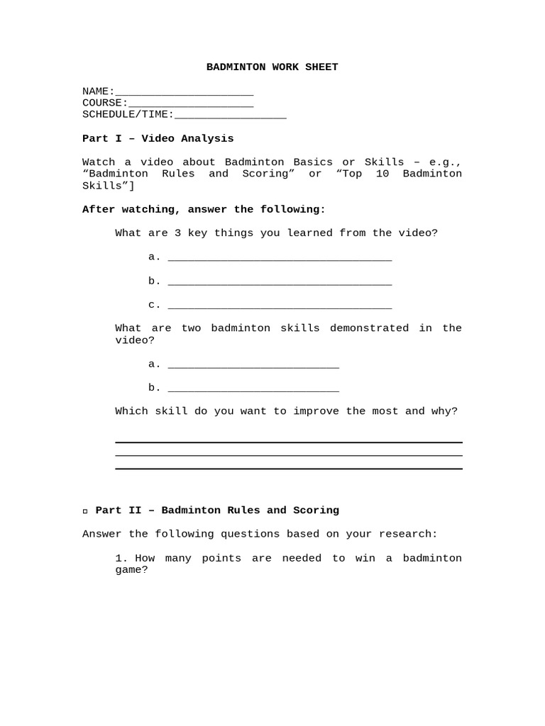Badminton Skills and Rules Worksheet | PDF