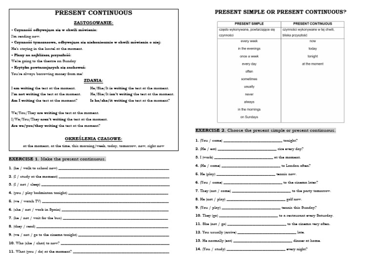 Present Continuous (Grammar Handout) | PDF | Chess Theory | Chess