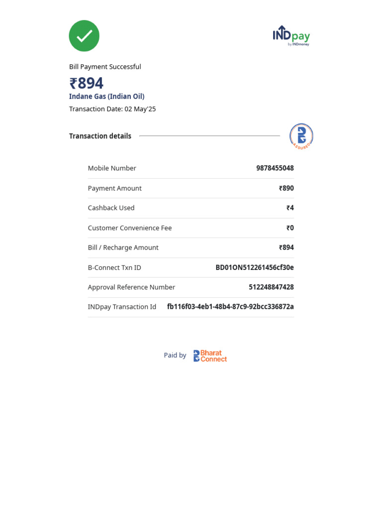 Bill Payment Successful: Indane Gas (Indian Oil) | PDF