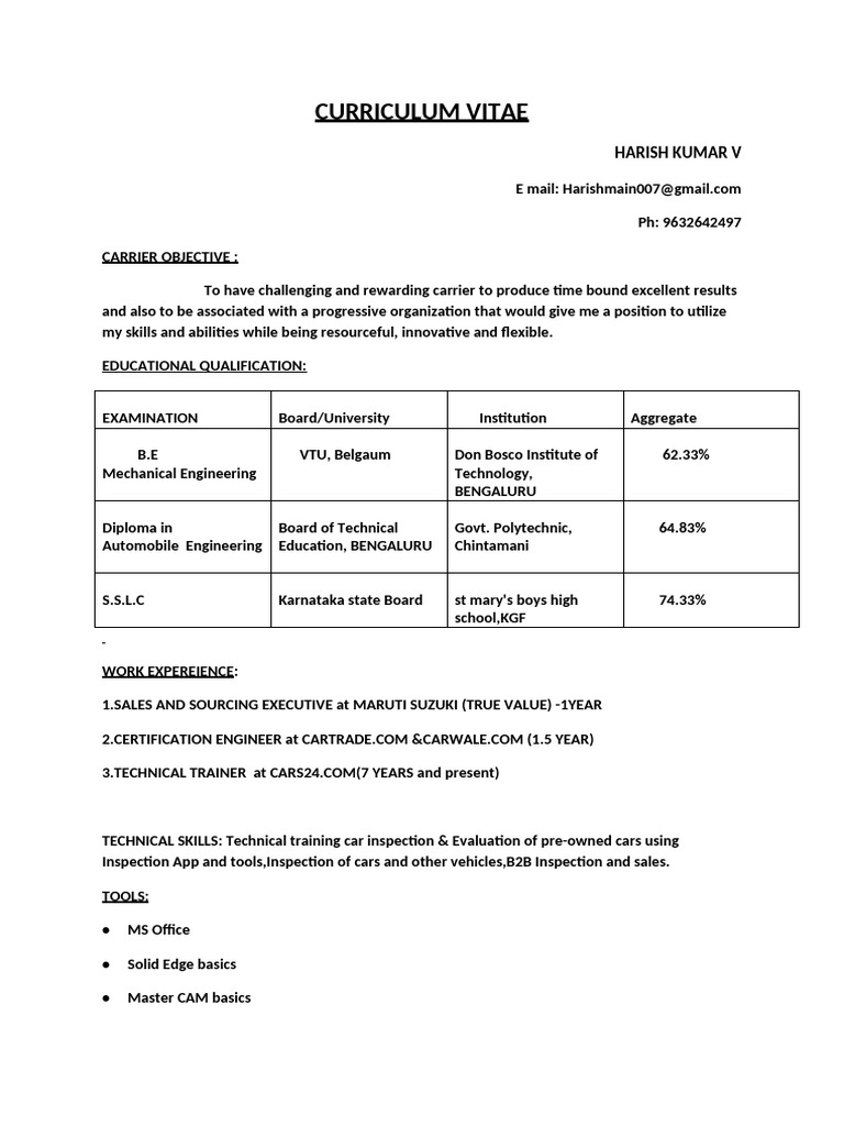 Harish (Resume) | PDF | Bangalore
