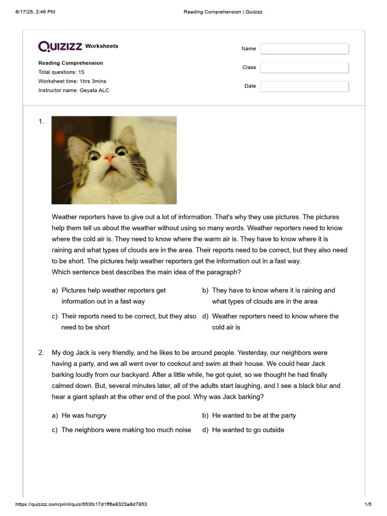 Quizizz Reading Comprehension Worksheets | PDF | Halloween | Costume