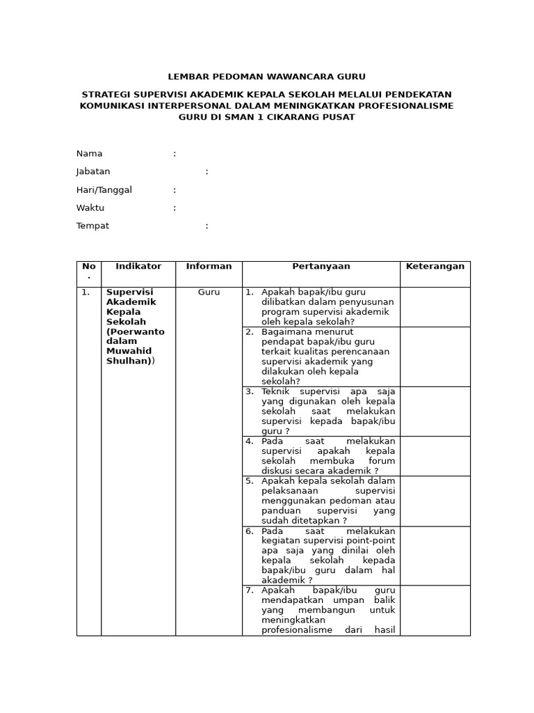 Lembar Pedoman Wawancara Guru | PDF