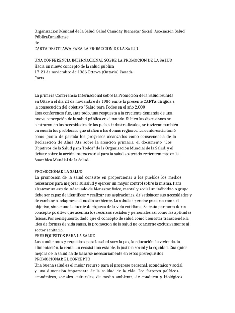Carta de Ottawa: Promoción de la Salud | PDF | Promoción de la salud ...