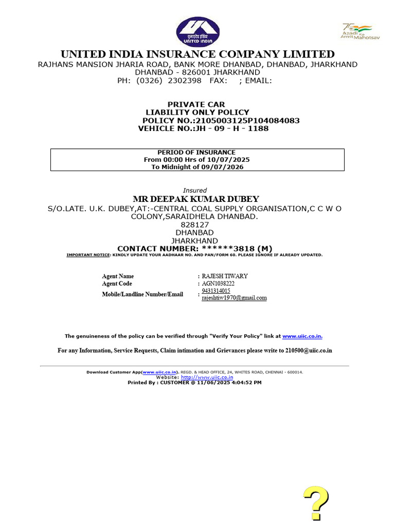 United India Car Liability Policy 2025 | PDF | Indemnity | Liability ...