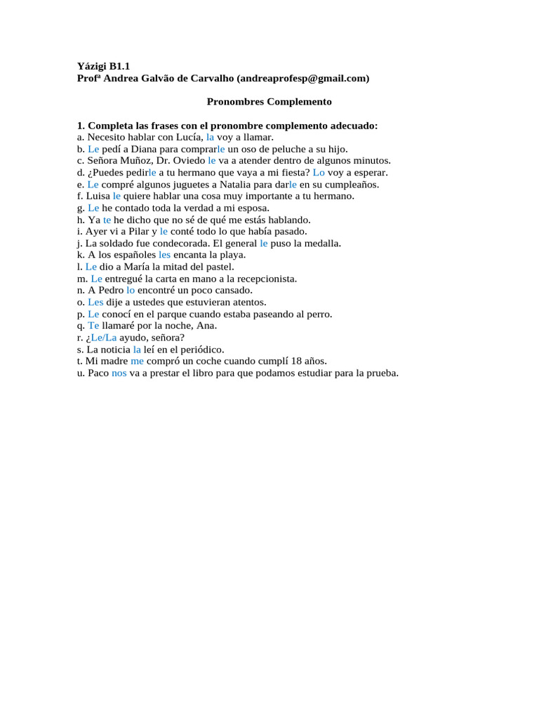 B1.1 Pronombres Ejerc | PDF