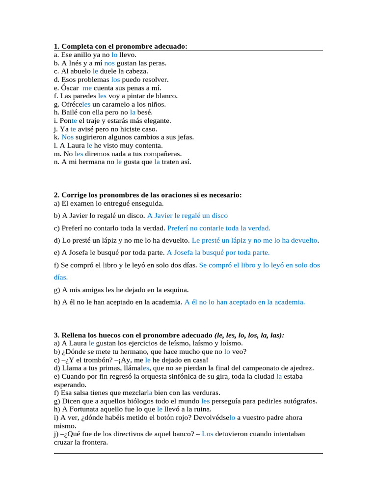 Ejercicios Pronombre (1) Érika | PDF