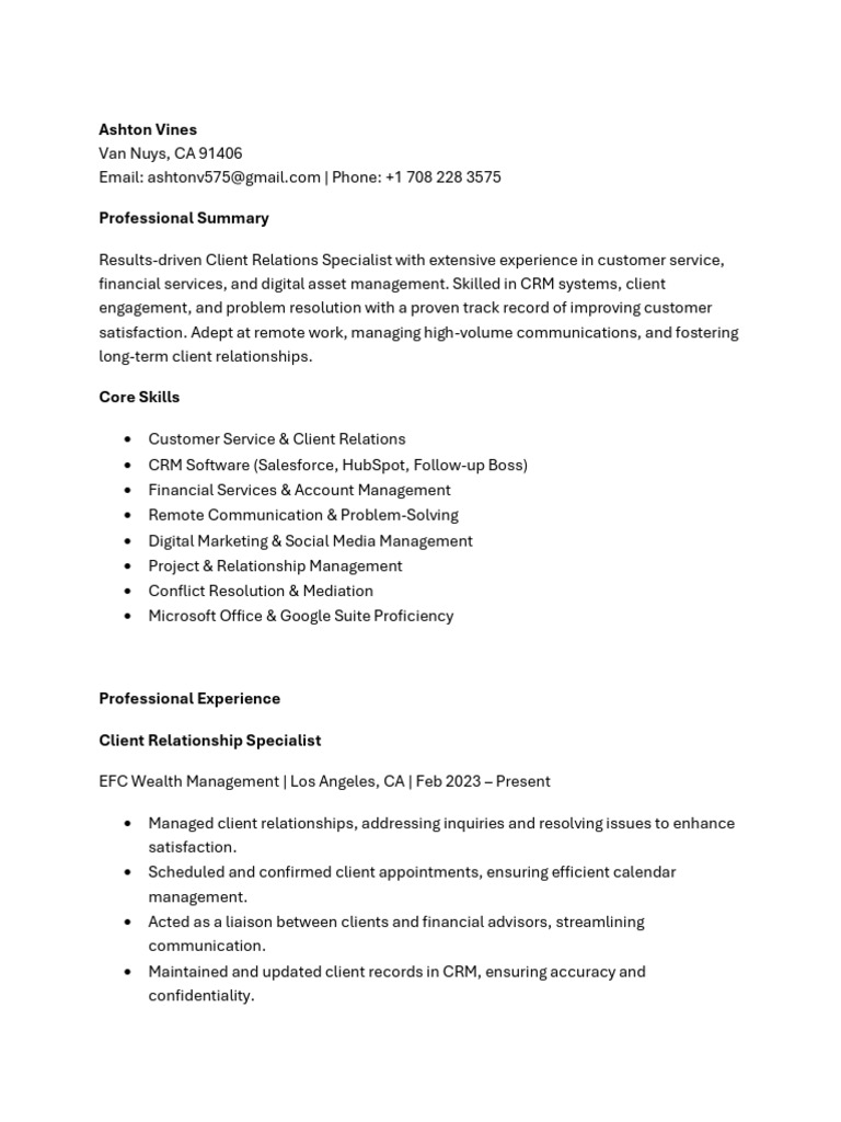 Ashton Vines 2025 Resume | PDF | Customer Relationship Management ...