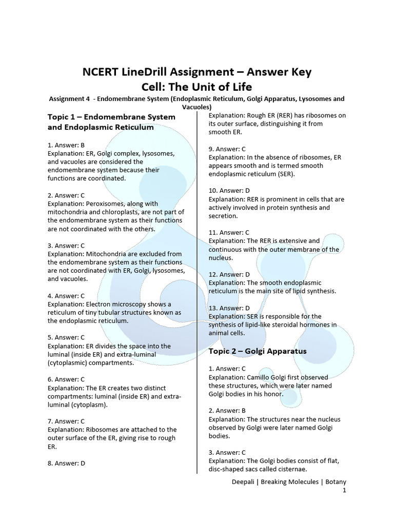 NCERT LineDrill 4 - Cell The Unit of Life (Ans Key) | PDF | Endoplasmic Reticulum | Vacuole