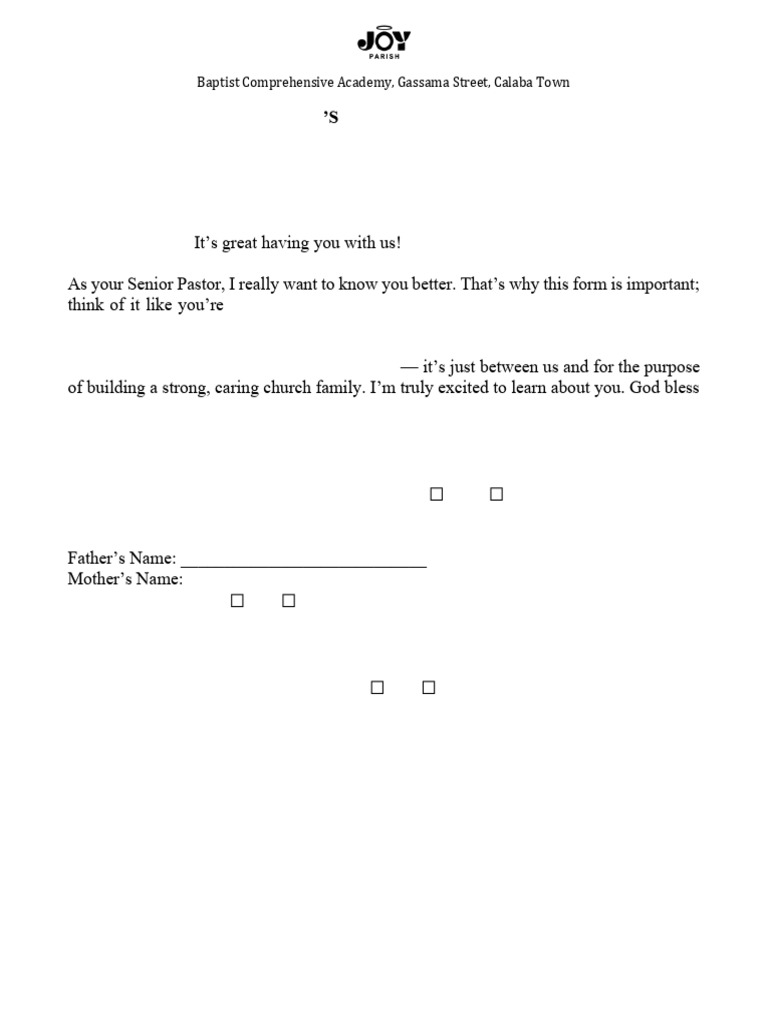 Joy Parish Kids Registration Form | PDF | Prayer | Information