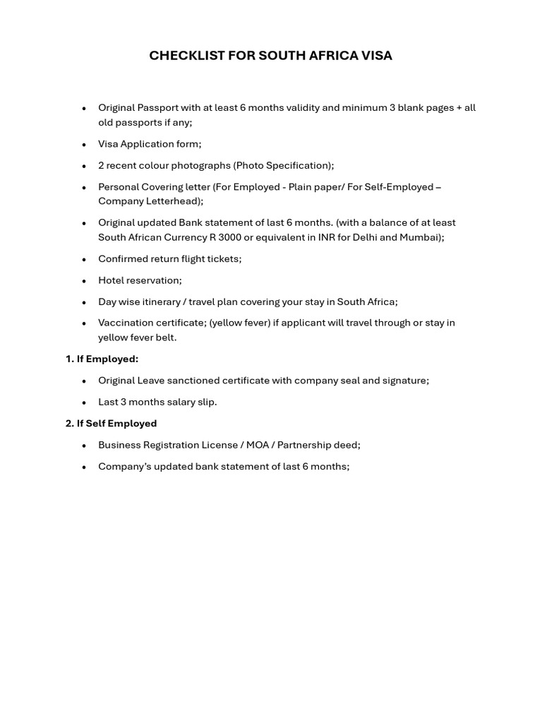 South Africa Visa Application Checklist | PDF