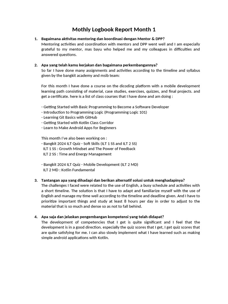 Contoh Laporan Bulanan MSIB | PDF