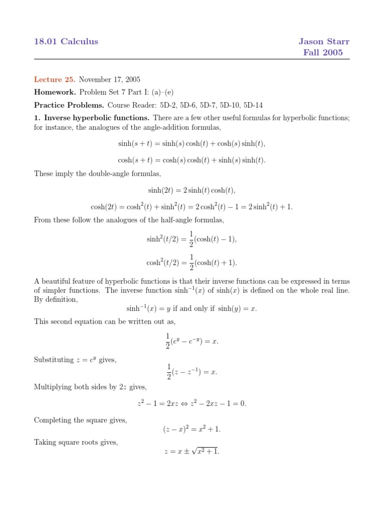 Inverse Hyperbolic Functions in Calculus | PDF | Trigonometric ...