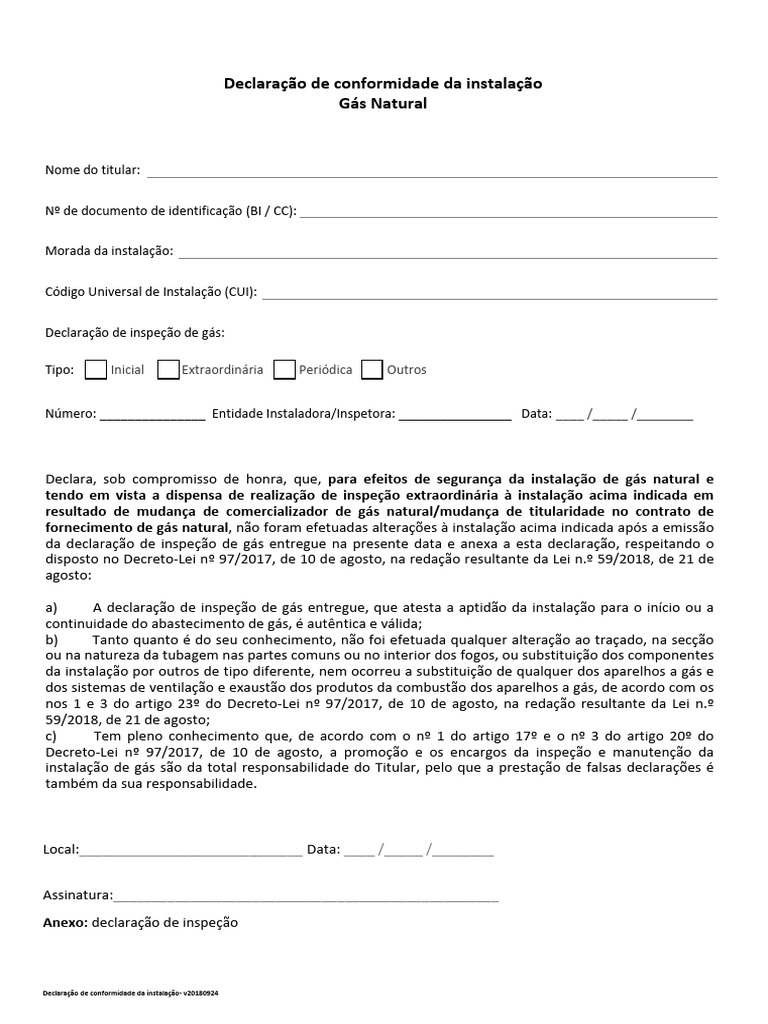 Formulario Declaracao de Conformidade Da Instalacao Do Gas Natural-1 | PDF