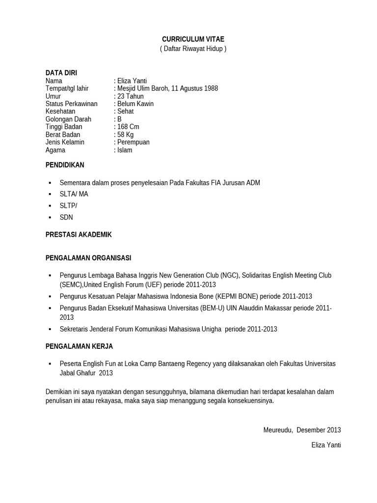 CV Eliza Yanti: Pendidikan & Pengalaman | PDF