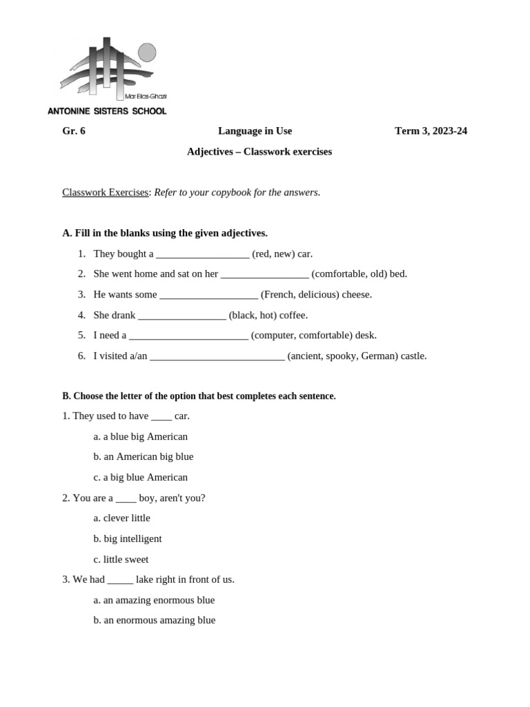 Gr. 6 - Classwork Exercises - Adjectives - Term 3, 2023-24 | PDF