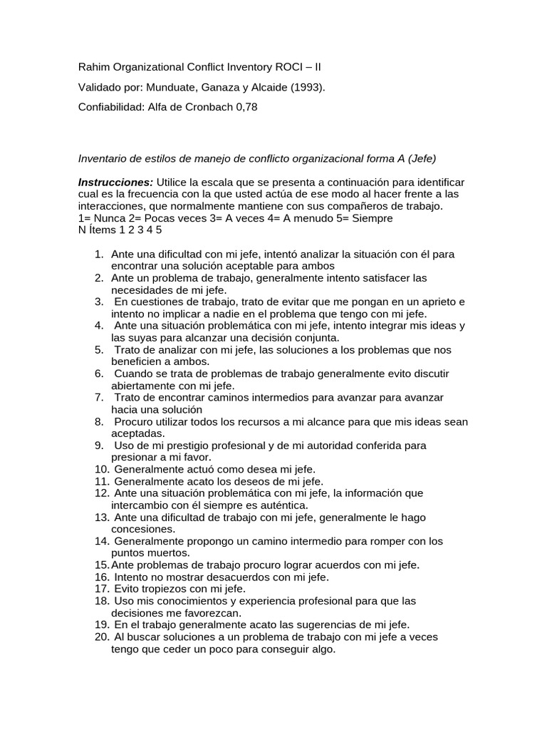 Rahim Organizational Conflict Inventory ROCI | PDF