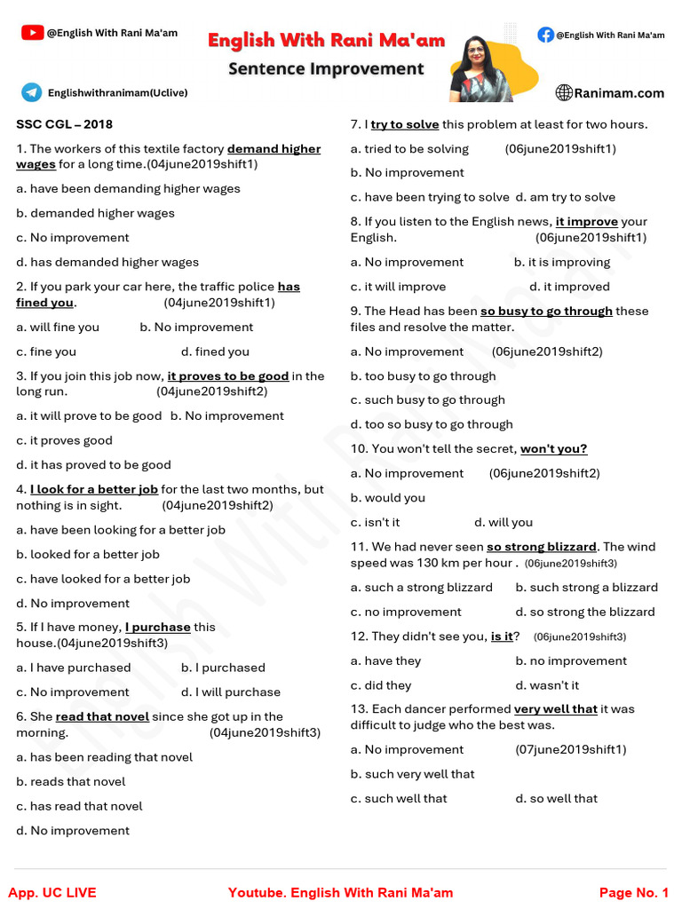 SSC CGL 2018 Demand Higher Wages Try To Solve: App. Uc Live Youtube. English With Rani Ma'am ...