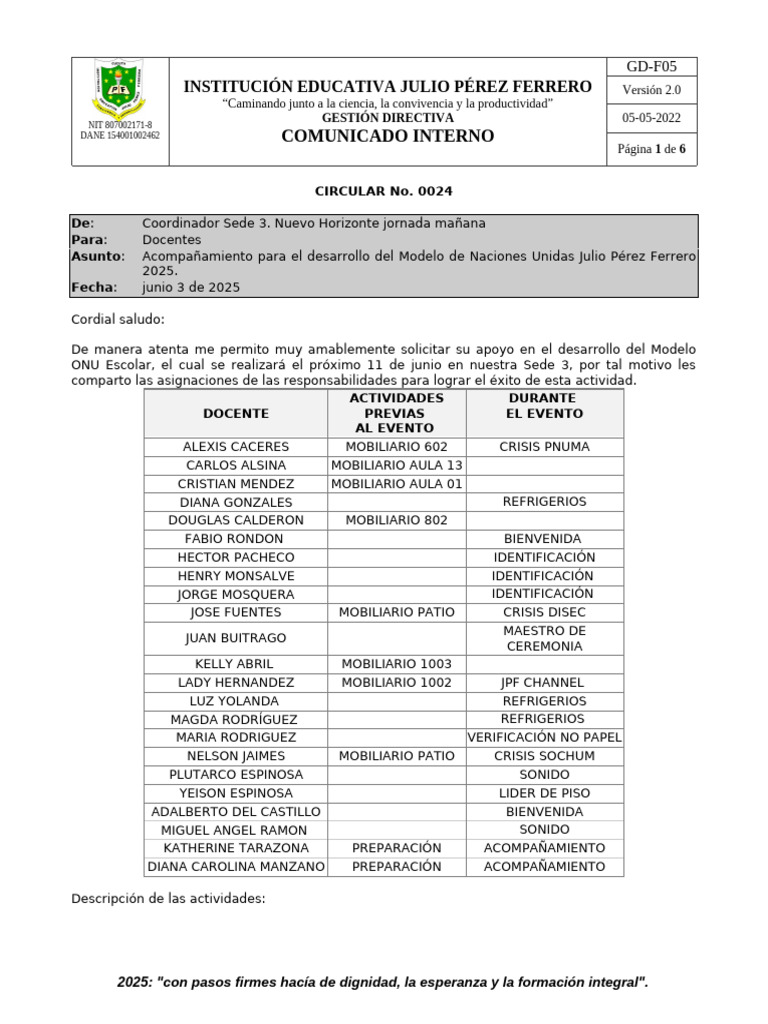 Circular 024 Acompañamiento para La ONU | PDF | Políticas globales | Relaciones Internacionales