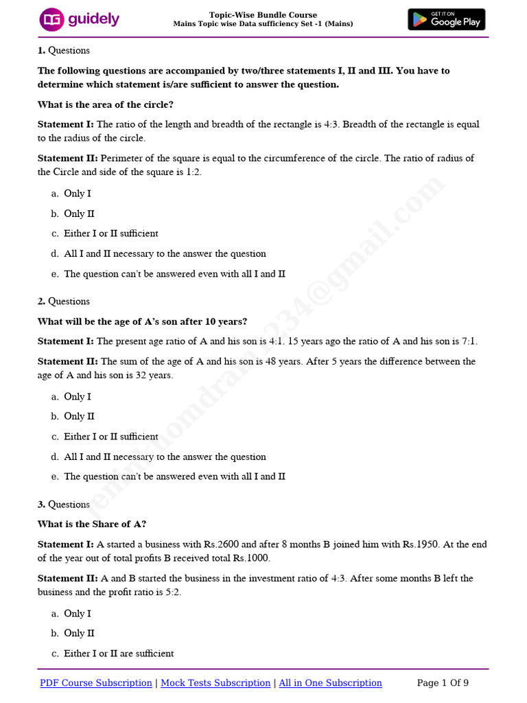 Mains Topic Wise Data Sufficiency Set - 1 (Mains) | PDF | Circle | Length