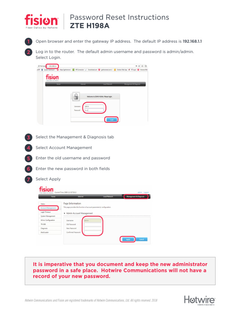 Router PasswordReset ZTE H198A | PDF