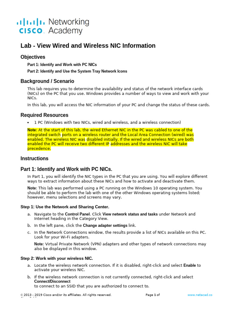 Lab 4.6.6: NIC Information Overview | PDF | Ip Address | Network ...