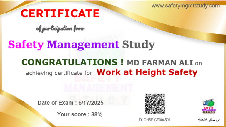Certificate For MD FARMAN ALI For - Work at Height Safety | PDF