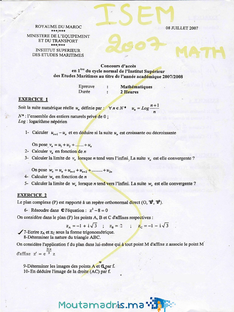 Exemple Concours Isem Maths 2007 | PDF