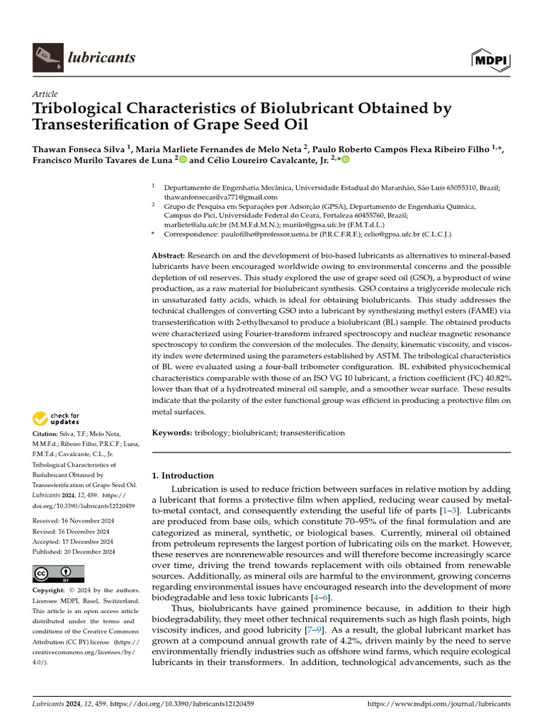 Biolubricant from Grape Seed Oil: Tribological Study | PDF | Lubricant ...