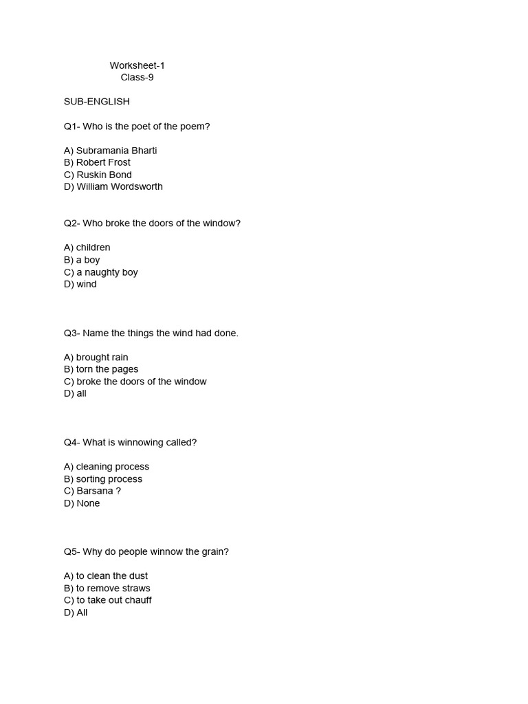 June English Worksheet 1 Class9 | PDF