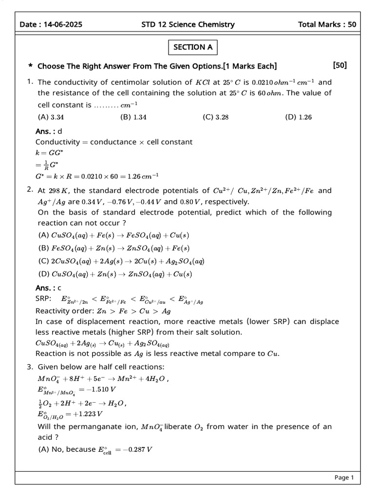 Electrochemistry PYQS Solution | PDF | Gibbs Free Energy | Physical Sciences
