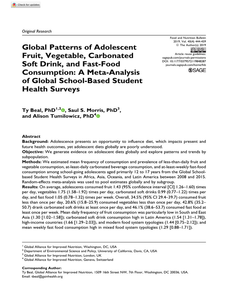 Beal Et Al 2019 Global Patterns of Adolescent Fruit Vegetable ...